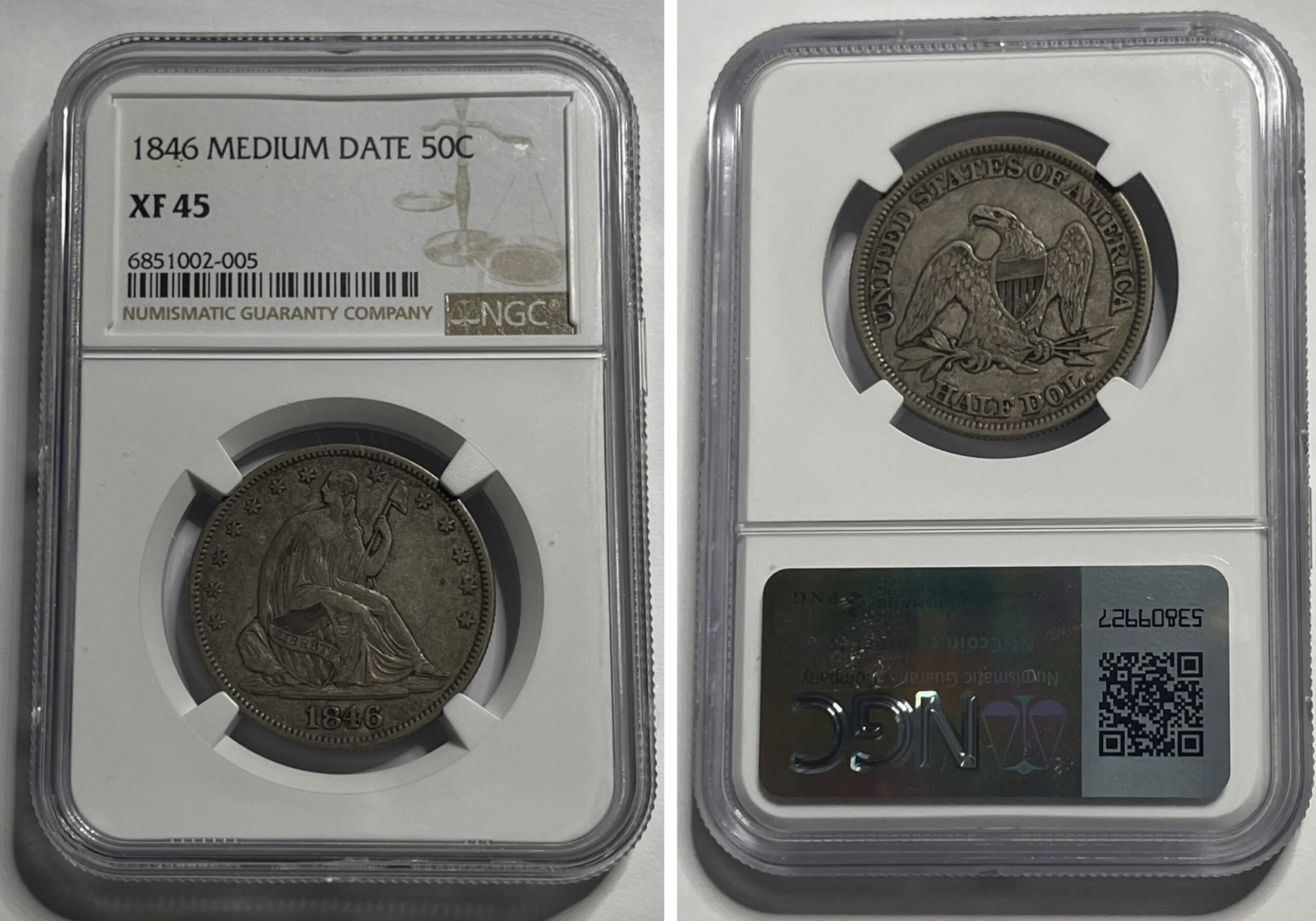 1846 Seated Half Dollar Medium Date 50c NGC XF45- N45