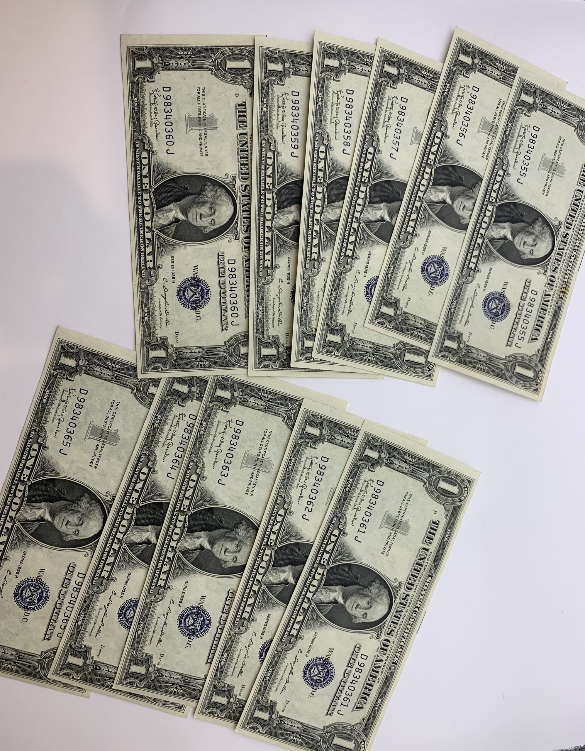 1935H $1 Silver Certificates 11 Consecutive notes