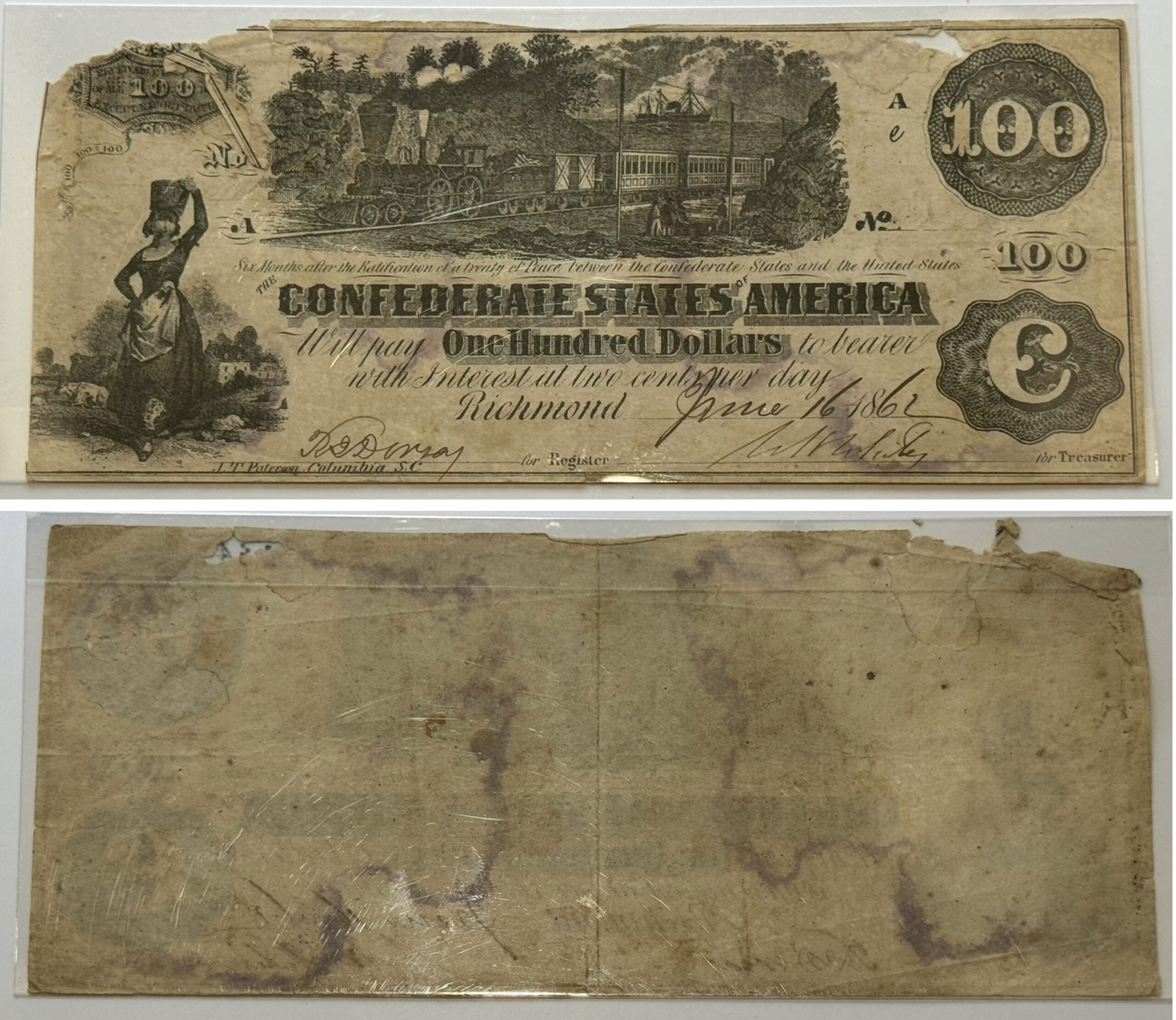 1862 $100 CSA Confederate States of America T39