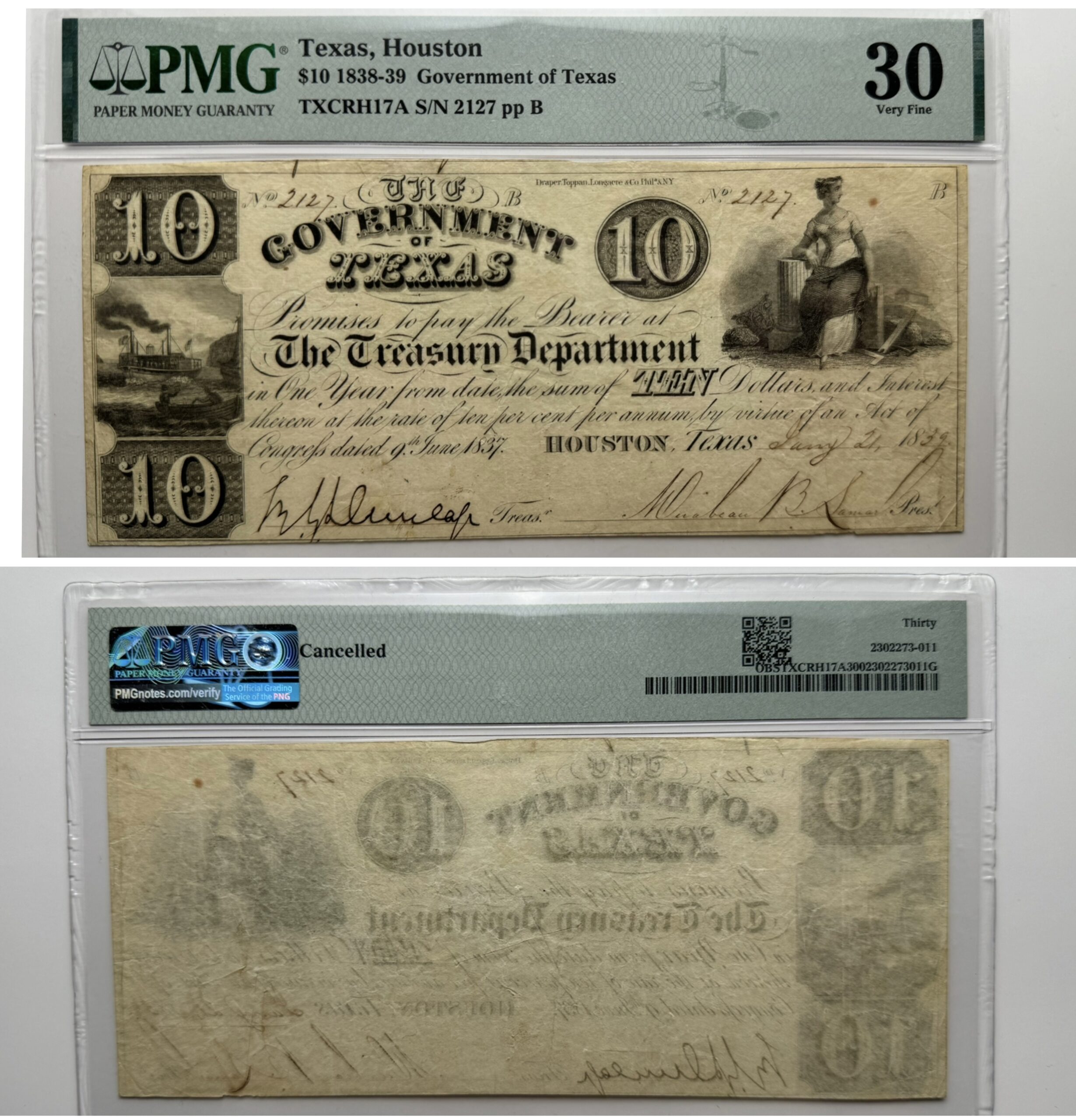 Houston, Texas- Government of Texas $10 1838-39 TXCRH17A S/N 2127 pp B ...