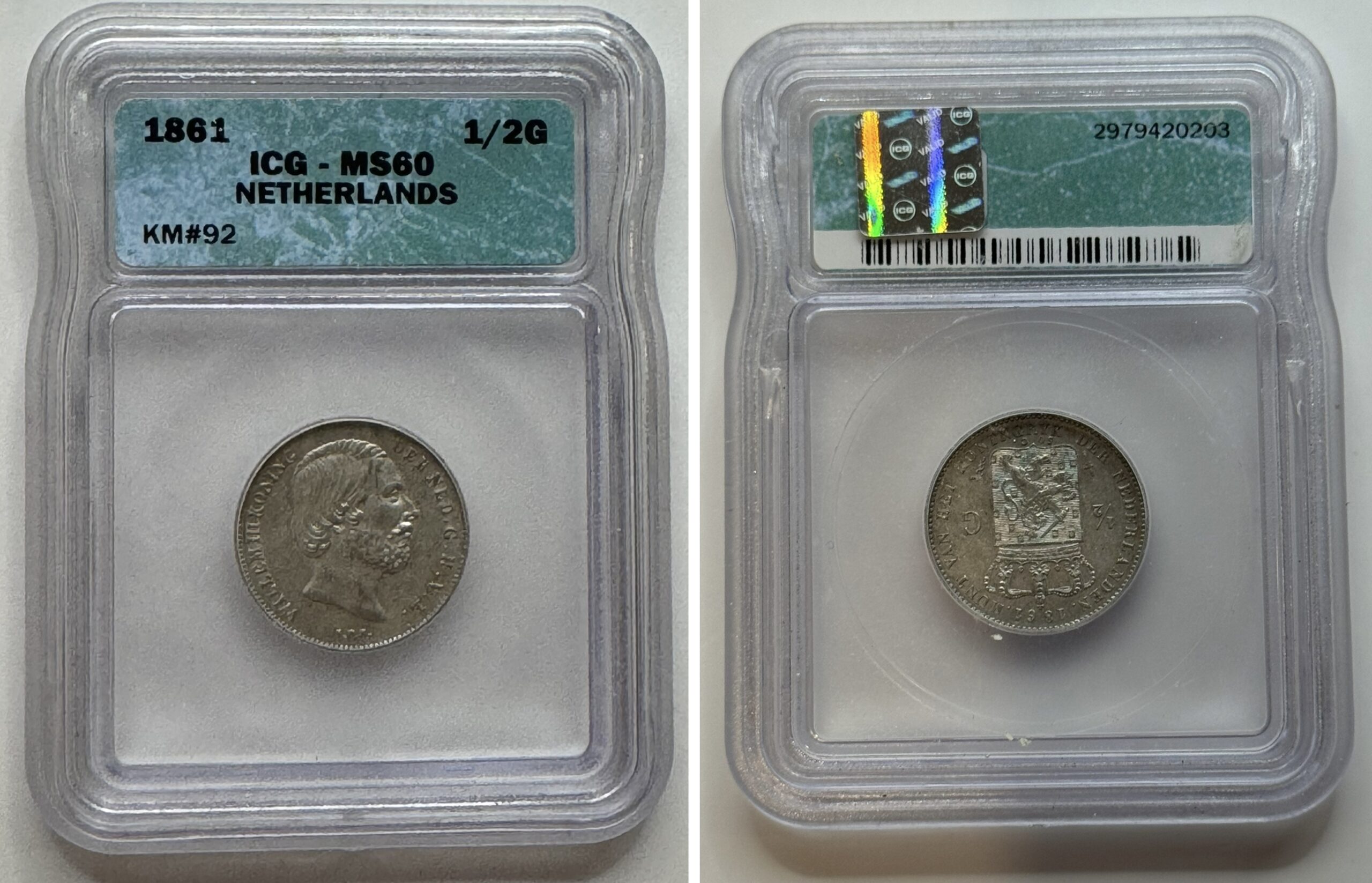 1861 Netherlands 1/2G ICG Slab MS60