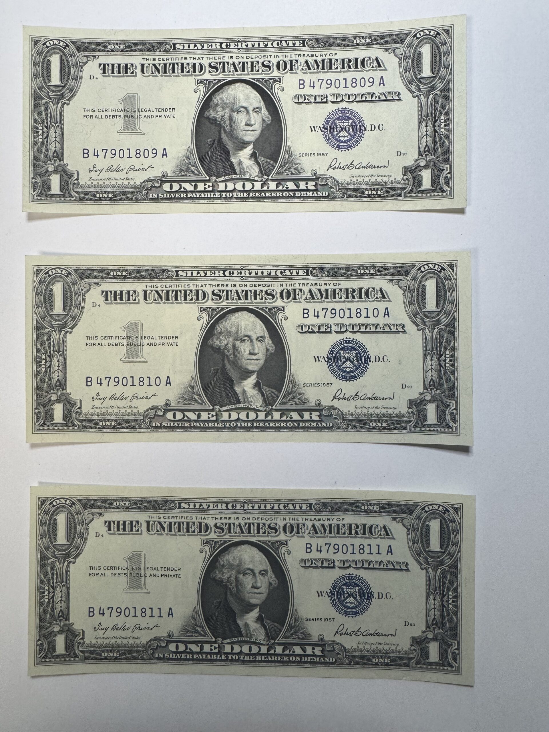 1957 $1 Silver Certificate 3 Consecutive Uncirculated Currency