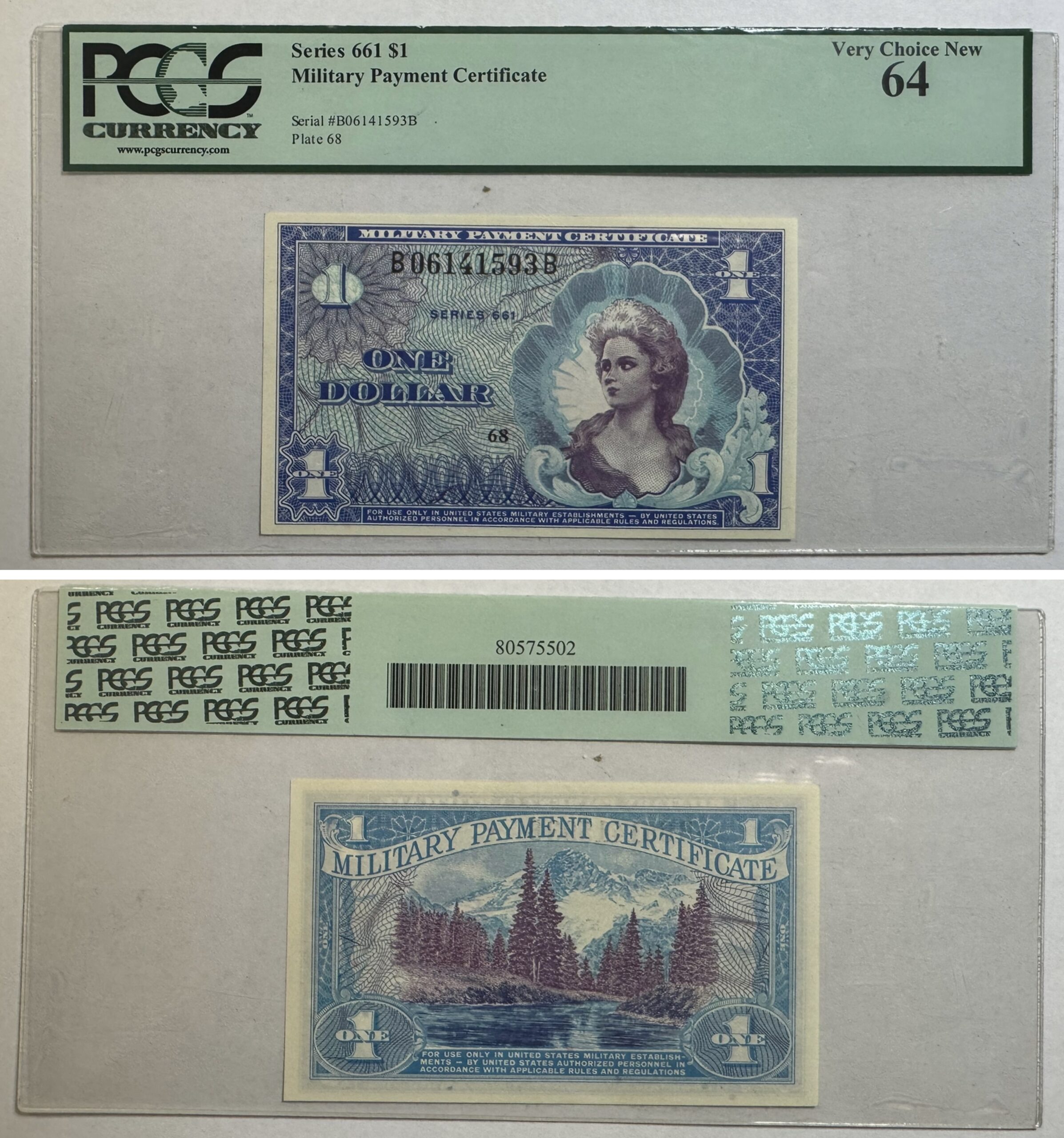 One Dollar $1 MPC Series 661 Serial #B06141593B Plate 68 PCGS Currency ...