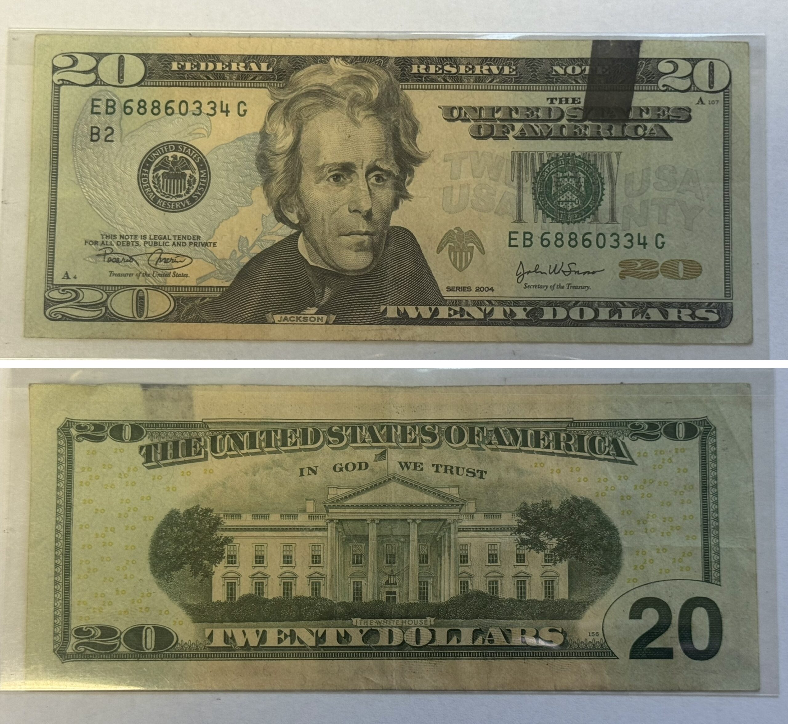 $20 2004 Twenty Dollar Paper Money Ink Smear